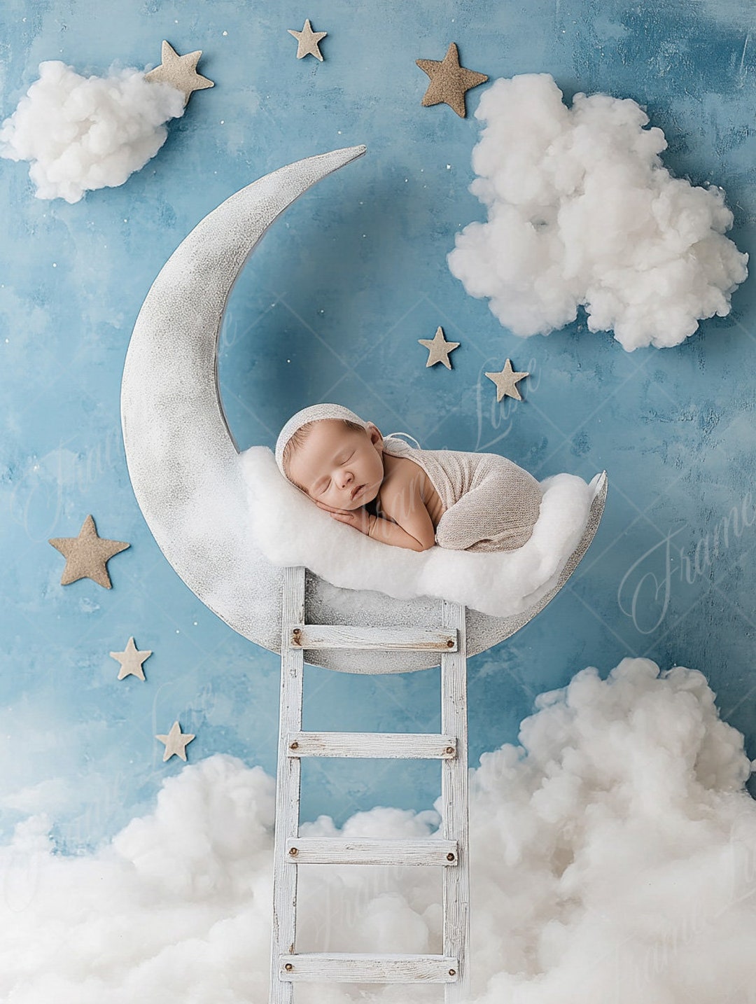 Newborn Digital Backdrop, White Crescent Moon, Baby Boy Girl, Moon Star ...