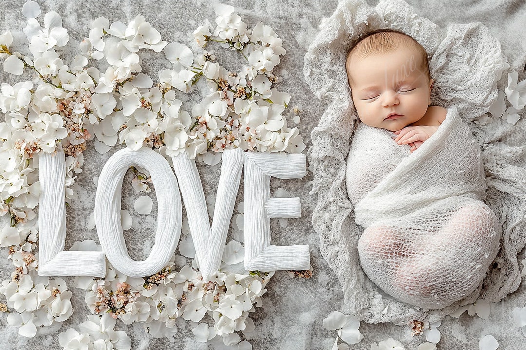 Newborn Digital Backdrop, LOVE Letter With Flowers, Baby Boy Girl ...