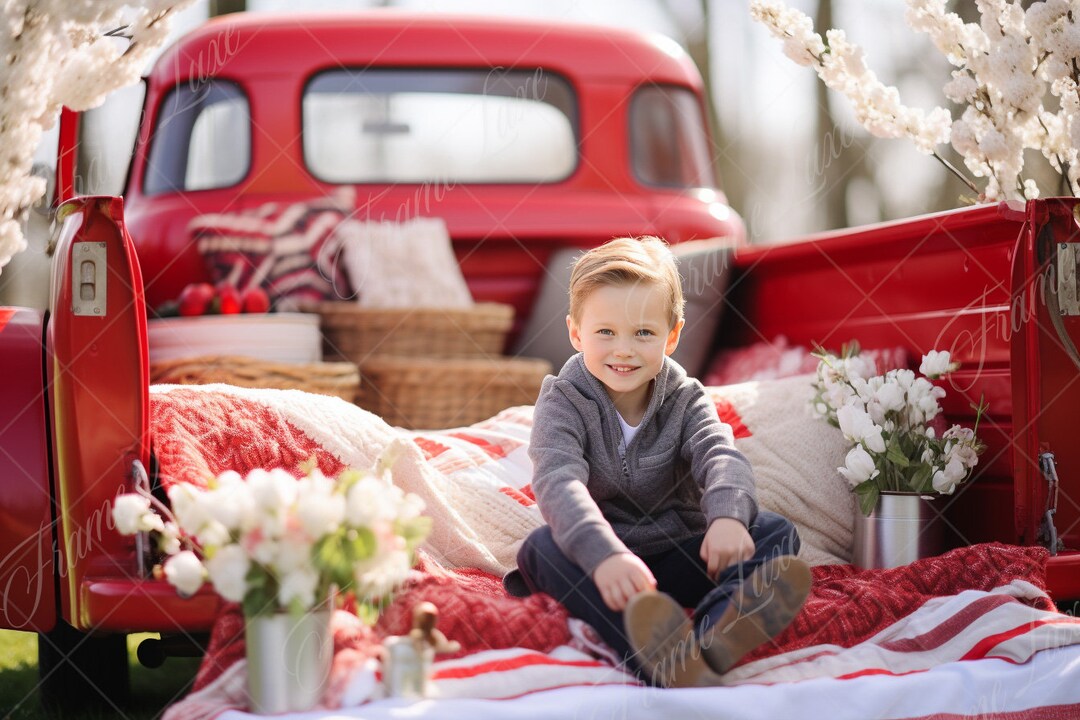 Valentines Spring Red Truck Digital Background, Fine Art Portrait ...