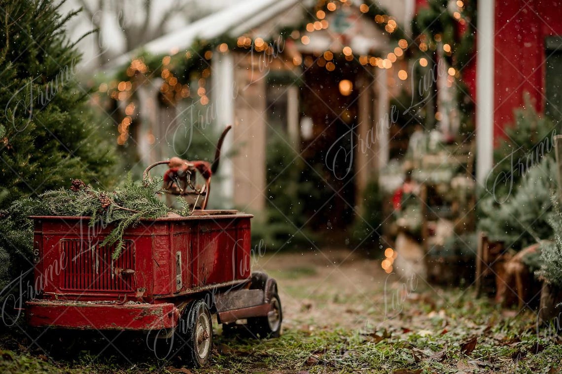 Red Wagon With Rustic Farm Cabin Digital Background, White Forest, Fine ...
