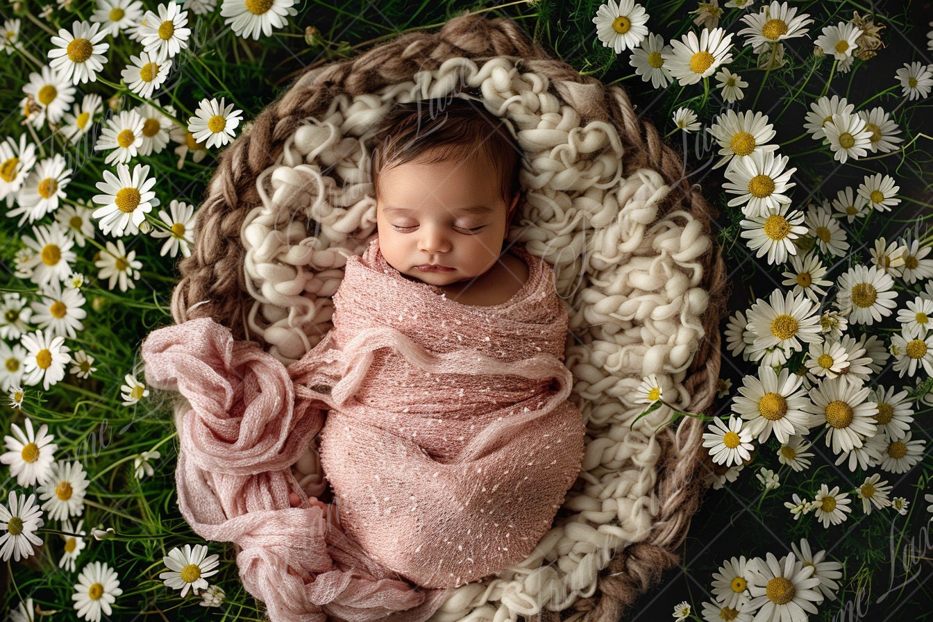 Newborn Digital Backdrop, Daisy Flower Basket on Dark Green, Floral ...