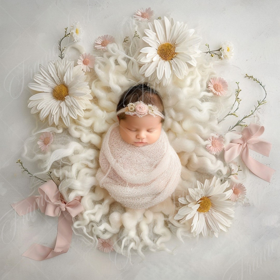 Newborn Digital Backdrop, Baby Girl White Daisy Flowers, Spring Floral ...