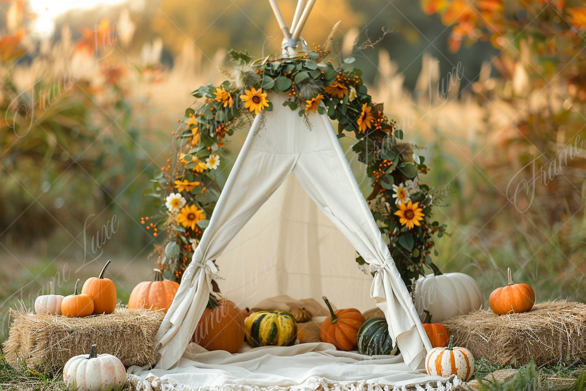 Fall Pumpkins Teepee Tent Digital Background, Children Portrait ...
