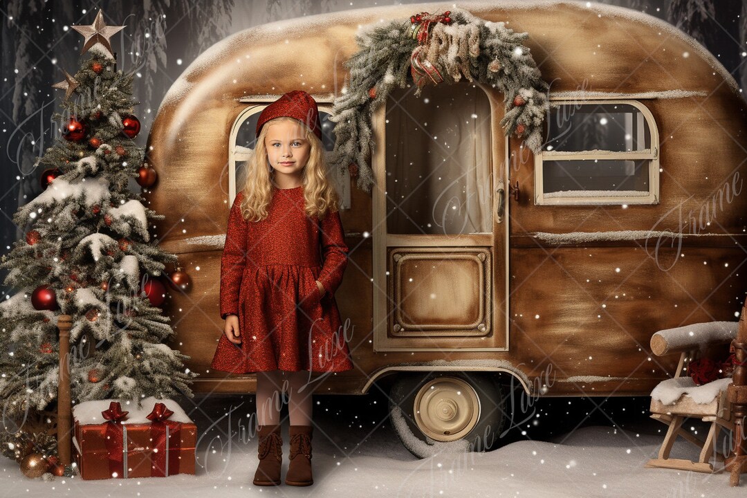 Christmas Retro Camping Van Digital Background, Fine Art Holiday ...