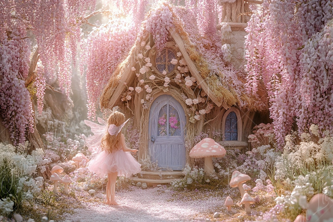Pink Flower Fairy Tree House Digital Backdrop, Enchanting Forest ...