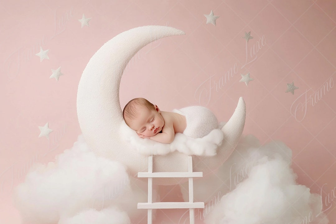 Newborn Digital Backdrop, White Crescent Moon on Pink, Baby Girl,moon ...