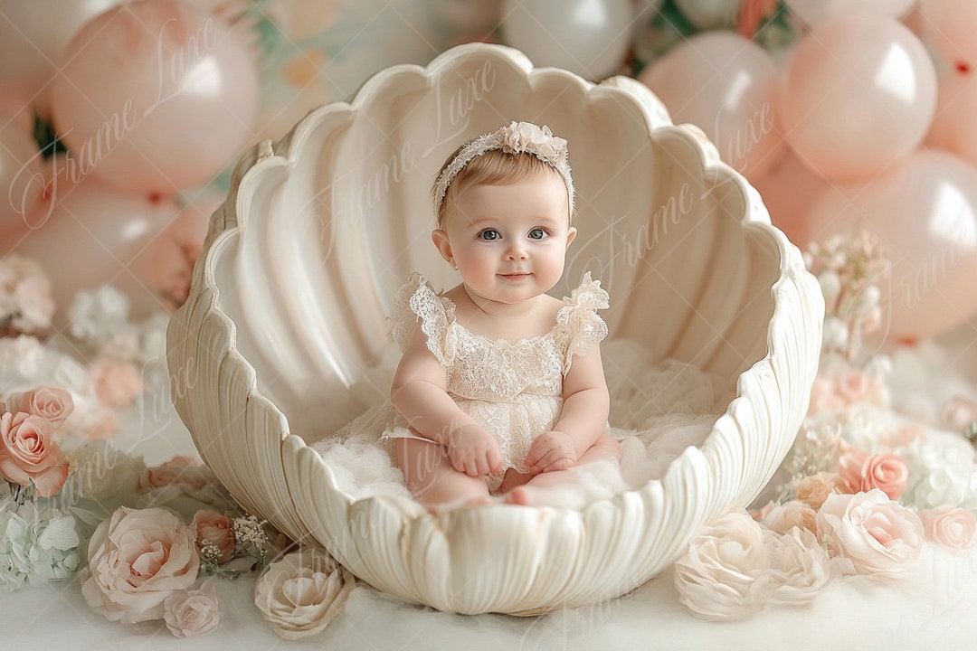 Newborn Digital Backdrop, Ocean Mermaid Shell With Flowers and Balloons ...