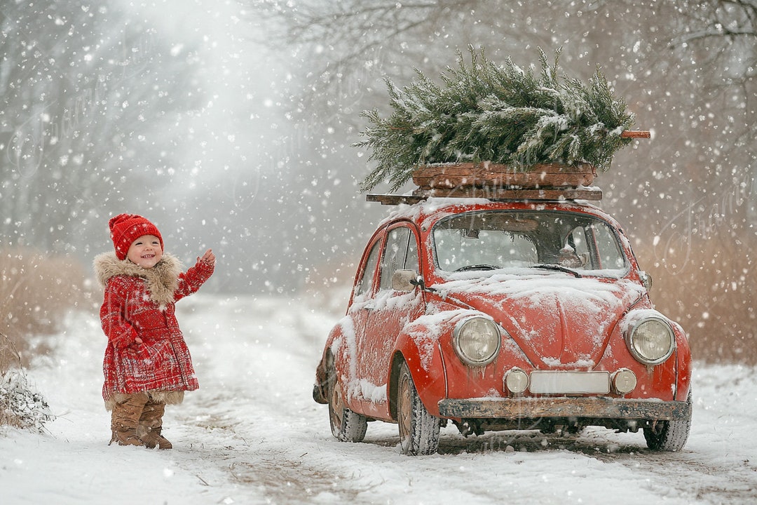 Red Little Car at Christmas Tree Farm Digital Background, Fine Art ...