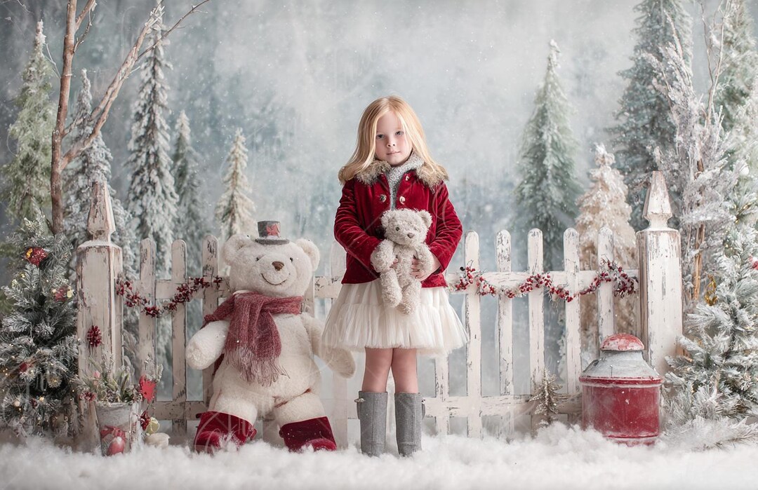 Winter Studio White Fence Digital Background, Enchanted Christmas ...