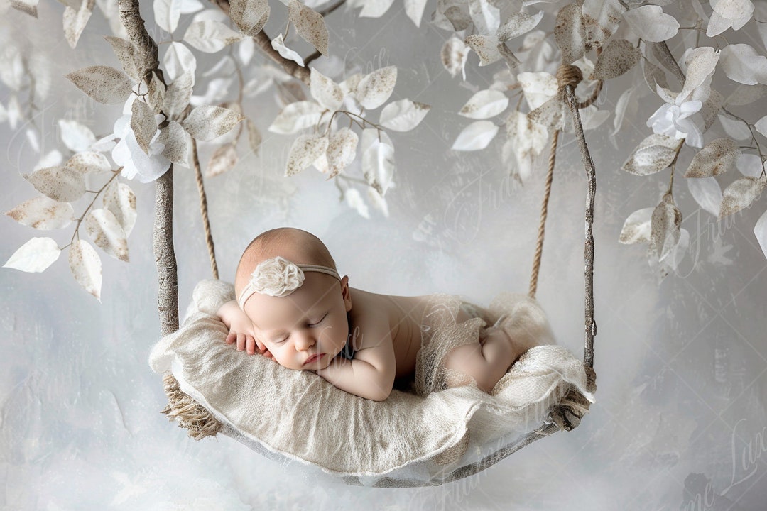 Newborn Digital Background, Baby Swing White Leaf on Gray, Fine Art ...
