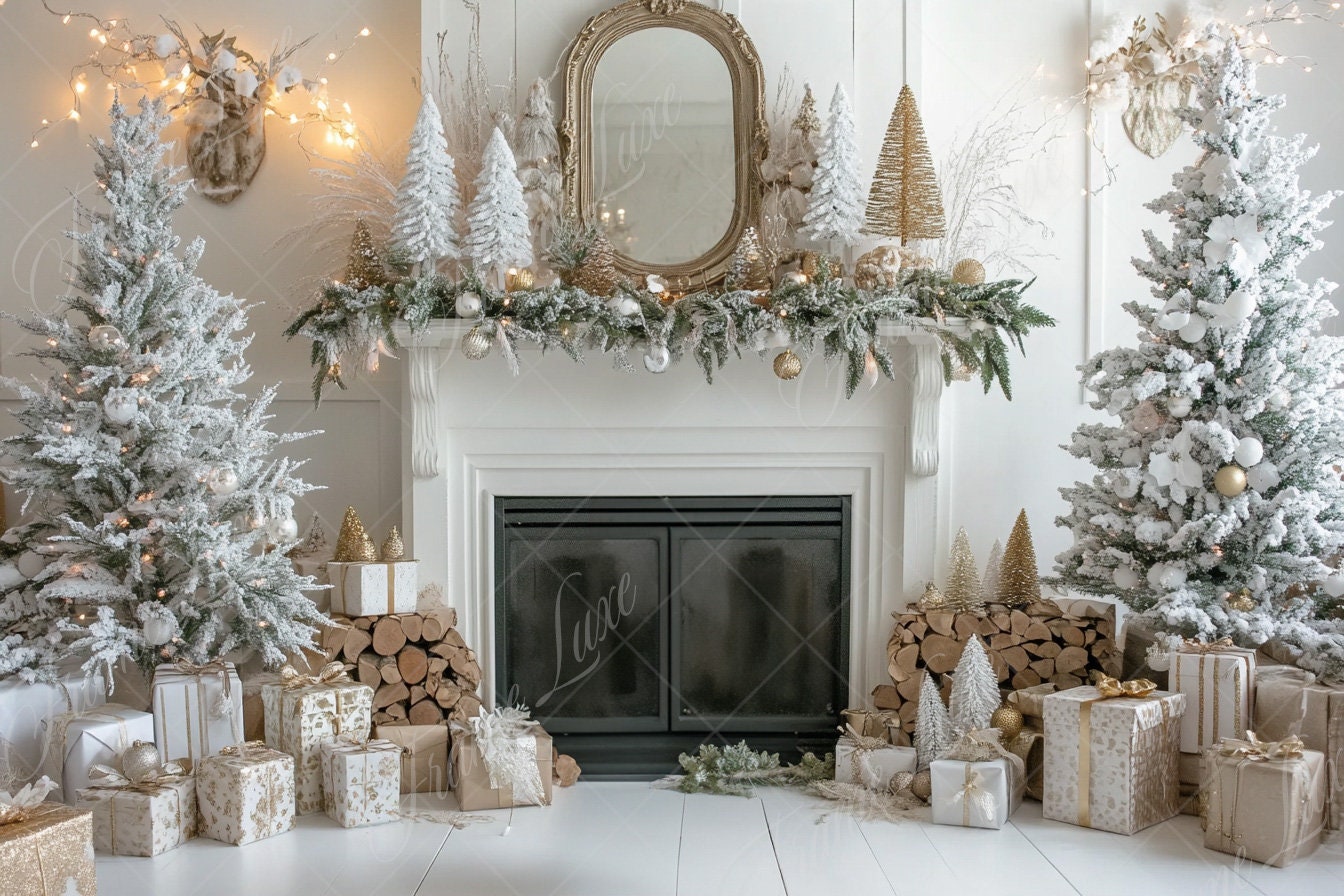Christmas White Fireplace Digital Background, Holiday Portrait Digital ...