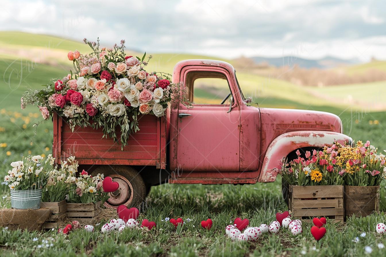 Valentines Spring Red Truck Digital Background, Fine Art Portrait ...