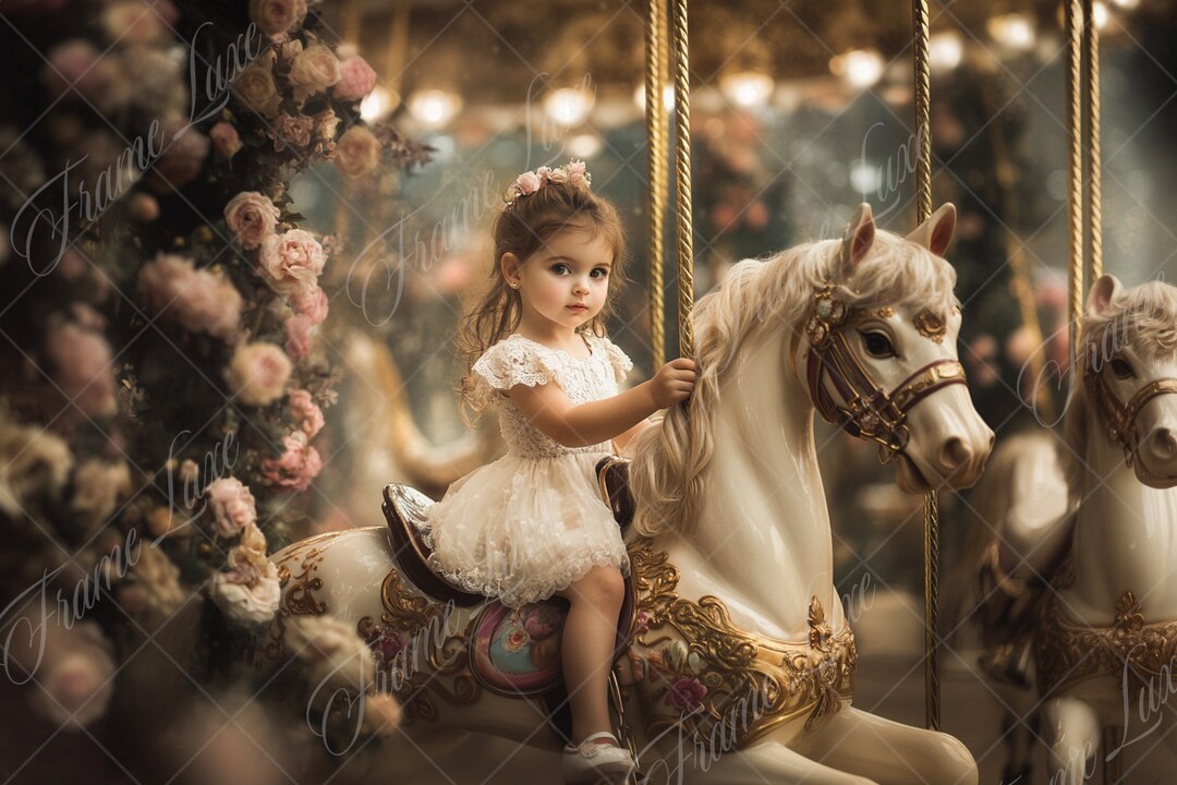 Fantasy Carousel Horse Digital Backdrop, Enchanting Flower Field ...