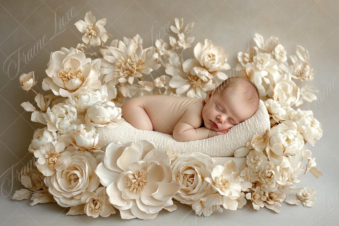 Newborn Digital Backdrop, Baby Girl White Flower Bed on Beige, Fine Art ...