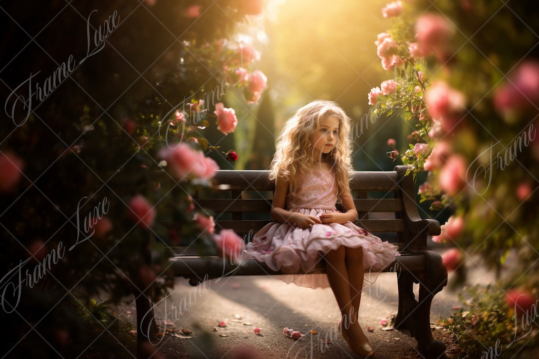 Bench in Pink Rose Garden Digital Background, Sunset, Fine Art Portrait ...