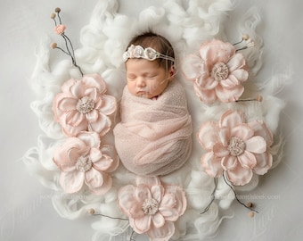 Newborn Digital Backdrop, Baby Pink Cream Flowers, Spring Floral ...