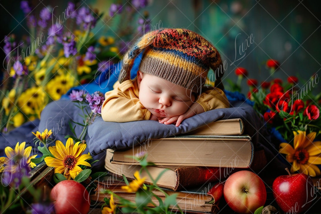 Newborn Digital Background, Pile of Books, Autumn Harvest, Flowers,baby ...