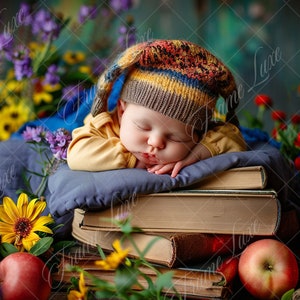 Newborn Digital Background, Pile of Books, Autumn Harvest, Flowers,baby ...