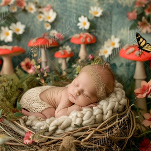 Newborn Digital Backdrop, Woodland Mushroom Wooden Nest, Summer Floral ...