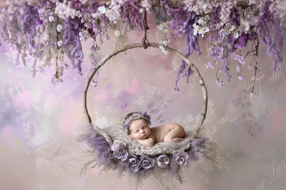 Newborn Digital Backdrop, Baby Girl Purple Cream Flower Hoop, Fine Art ...