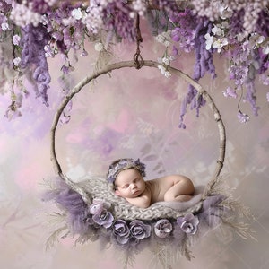 Newborn Digital Backdrop, Baby Girl Purple Cream Flower Hoop, Fine Art ...