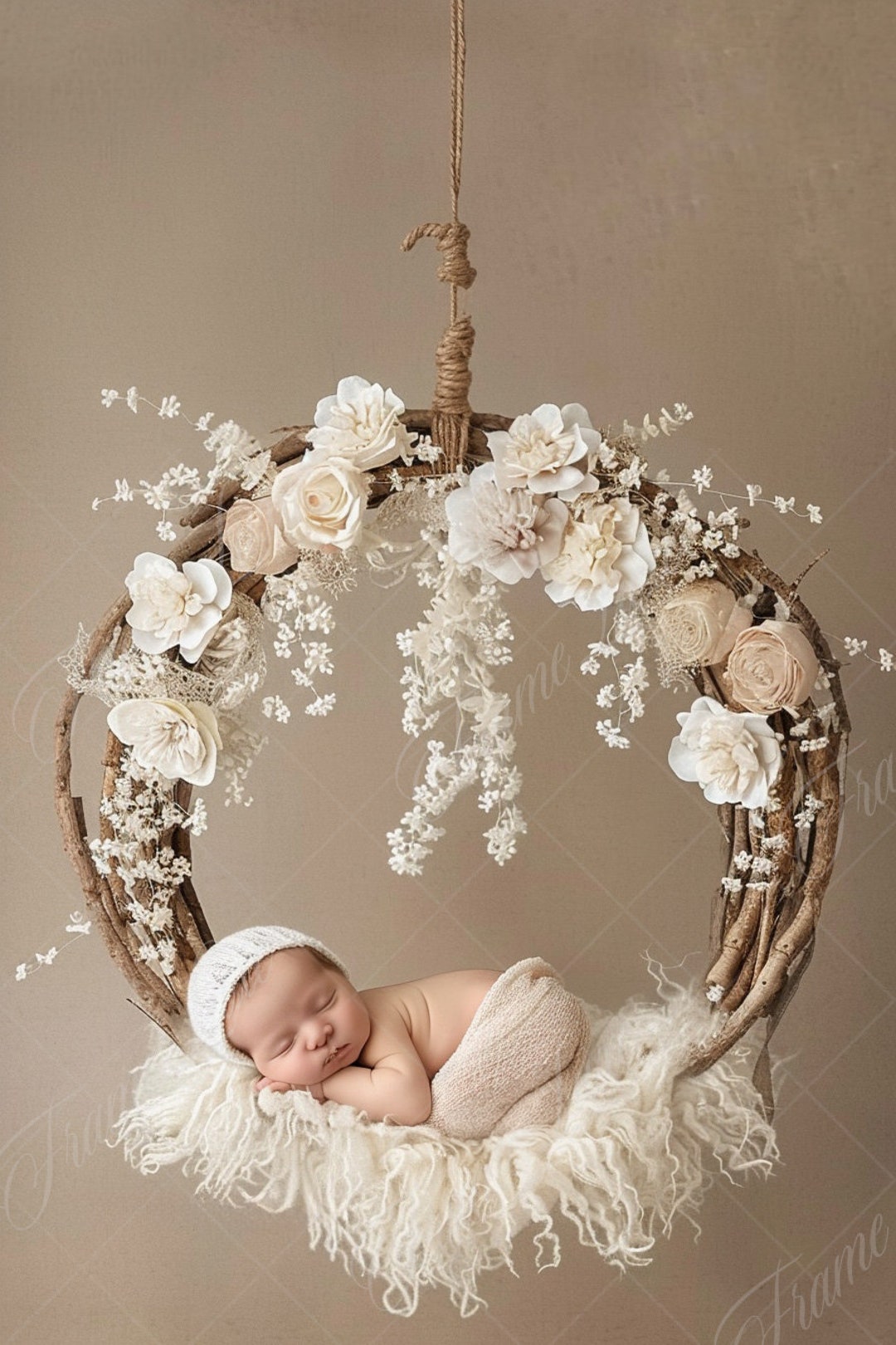 Newborn Digital Backdrop, Beige Light Tan Rustic Flower Hoop, Newborn ...