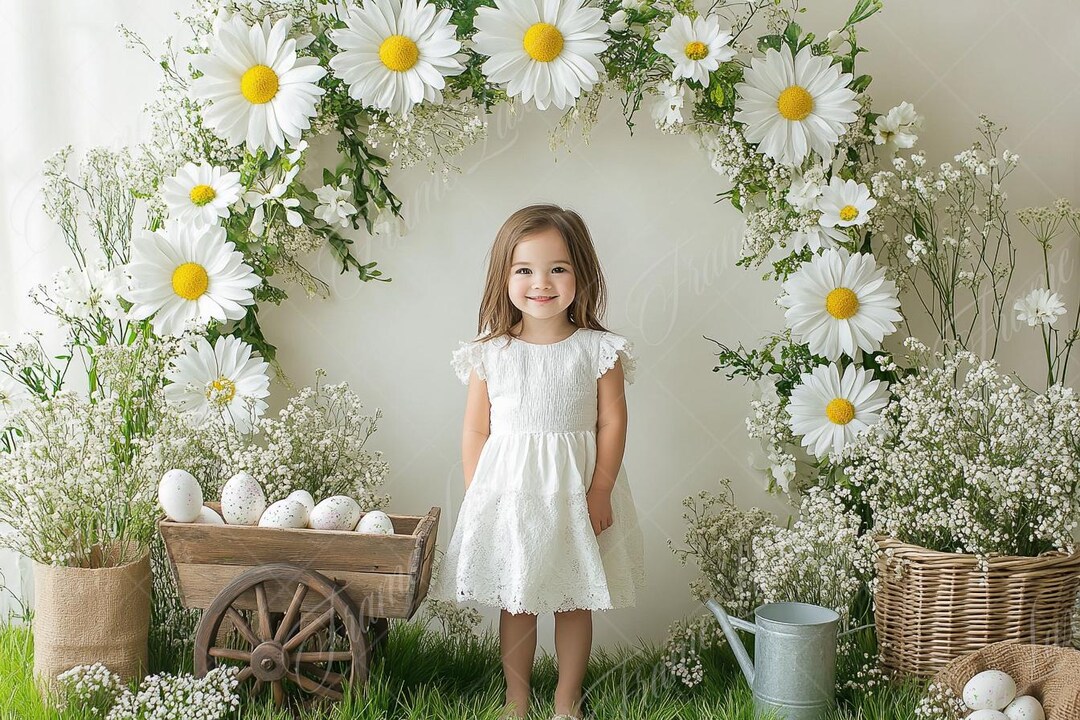 Spring Daisy Flower Arch Digital Background, Easter Eggs, Fine Art ...