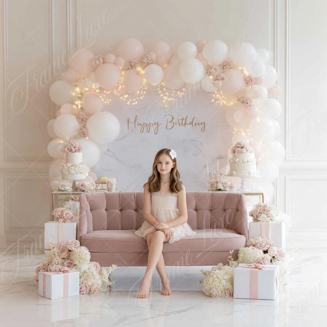 Modern Studio Birthday Digital Background, Balloon Arch, Pink Couch ...
