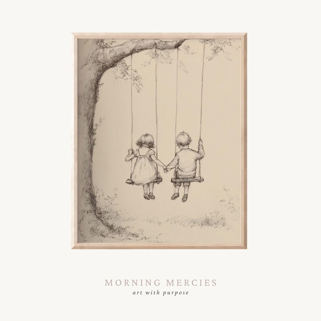 Vintage Style Kids Swinging Drawing, PRINTABLE Whimsical Beige Nursery ...