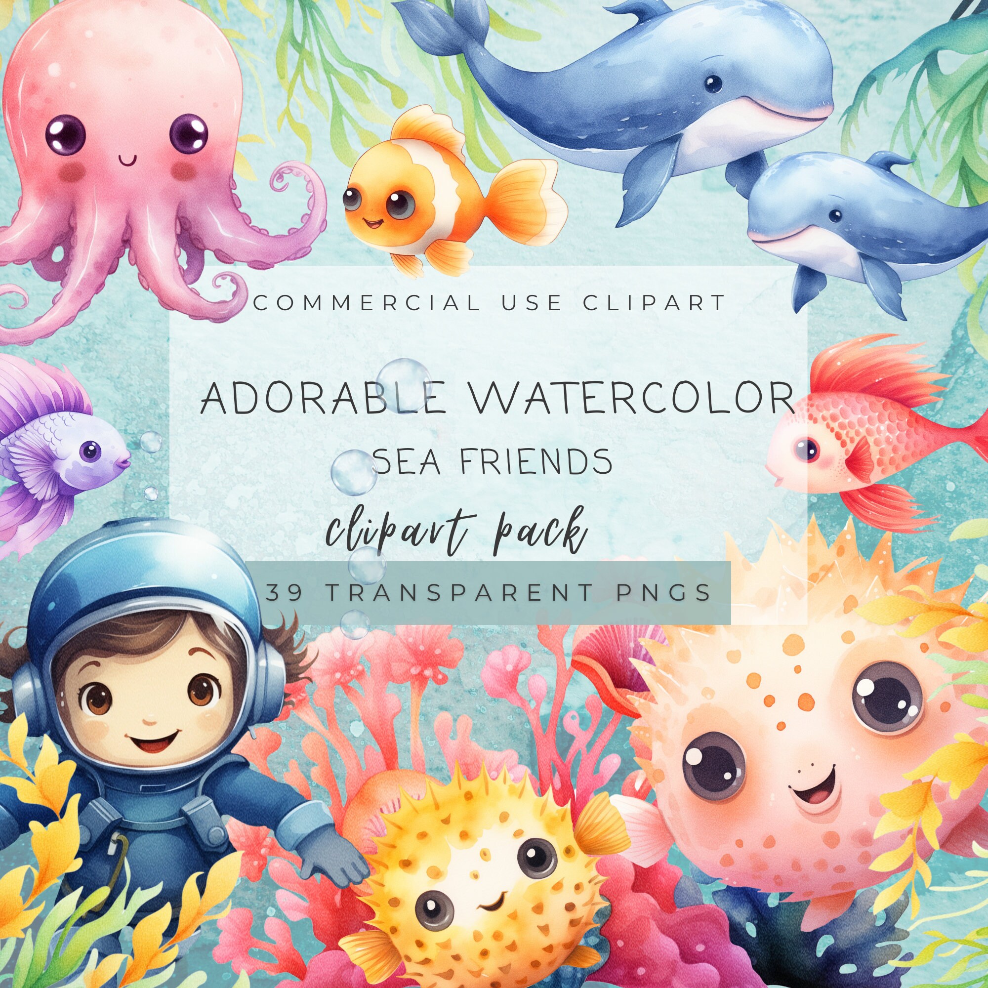 Adorable Sea Friends Clipart Pack of 39 - Etsy