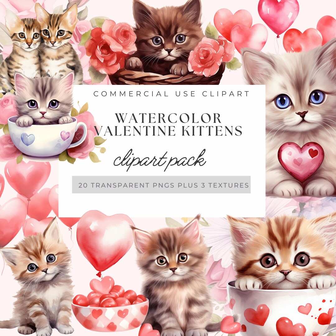 Cute Kitten Valentine Watercolor, 23 PNGS, Digital Download, Valentines ...