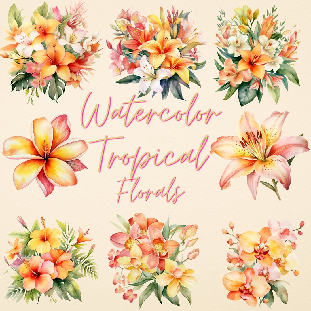 Tropical Watercolor Floral Clipart Pack - Etsy