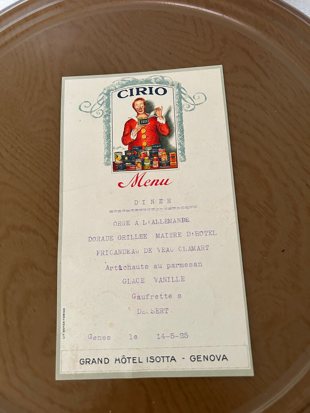 Cirio at Grand Hotel Genova Menu - Etsy