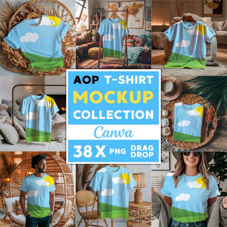 38x AOP T-shirt Mockup Bundle for Canva Easy Use Trandparent PNG Drag ...