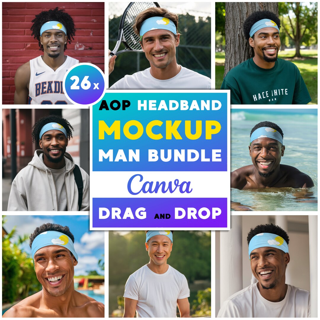 26x AOP Headband Mockup Bundle for Canva Easy Use Man Head Band Mockups ...