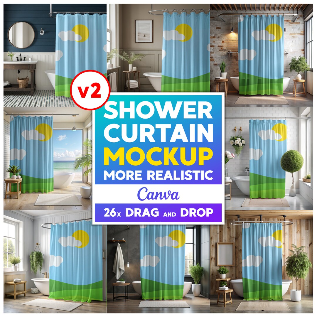 26x Shower Curtain Mockup Bundle, Bathroom Curtain Mockups Canva Easy ...