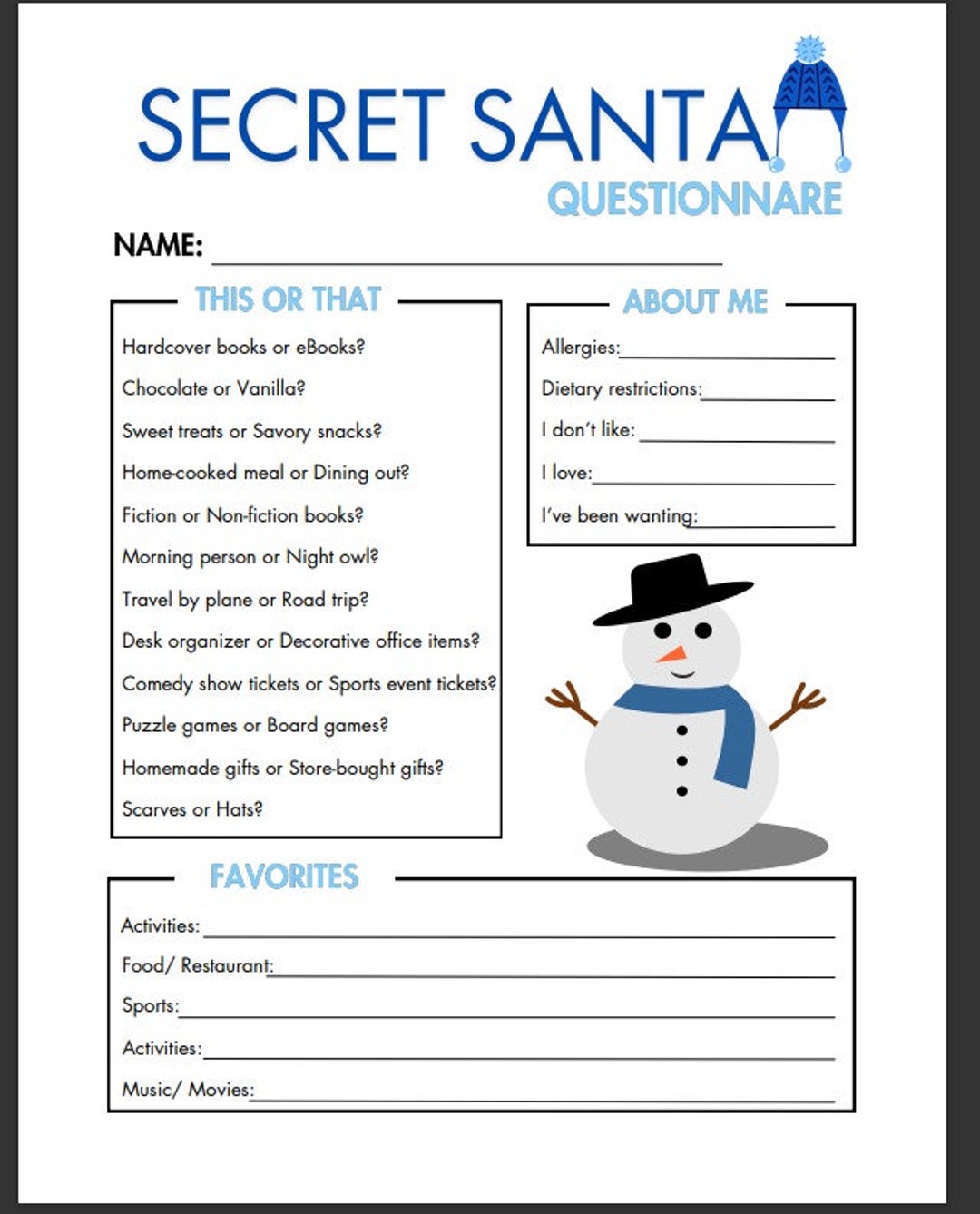 Winter Theme Secret Santa Questionnaire - Etsy