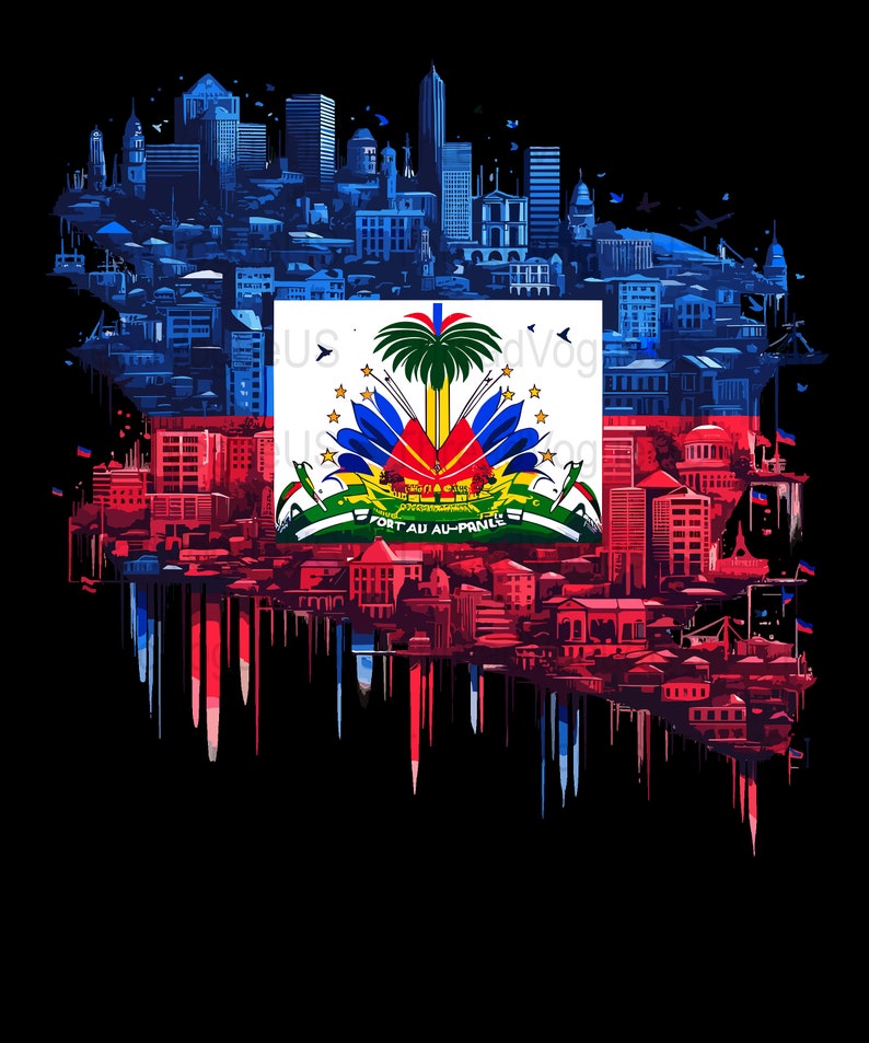 Haitian Flag Digital Art T-shirt, Patriotic Haiti Cityscape Graphic Tee ...