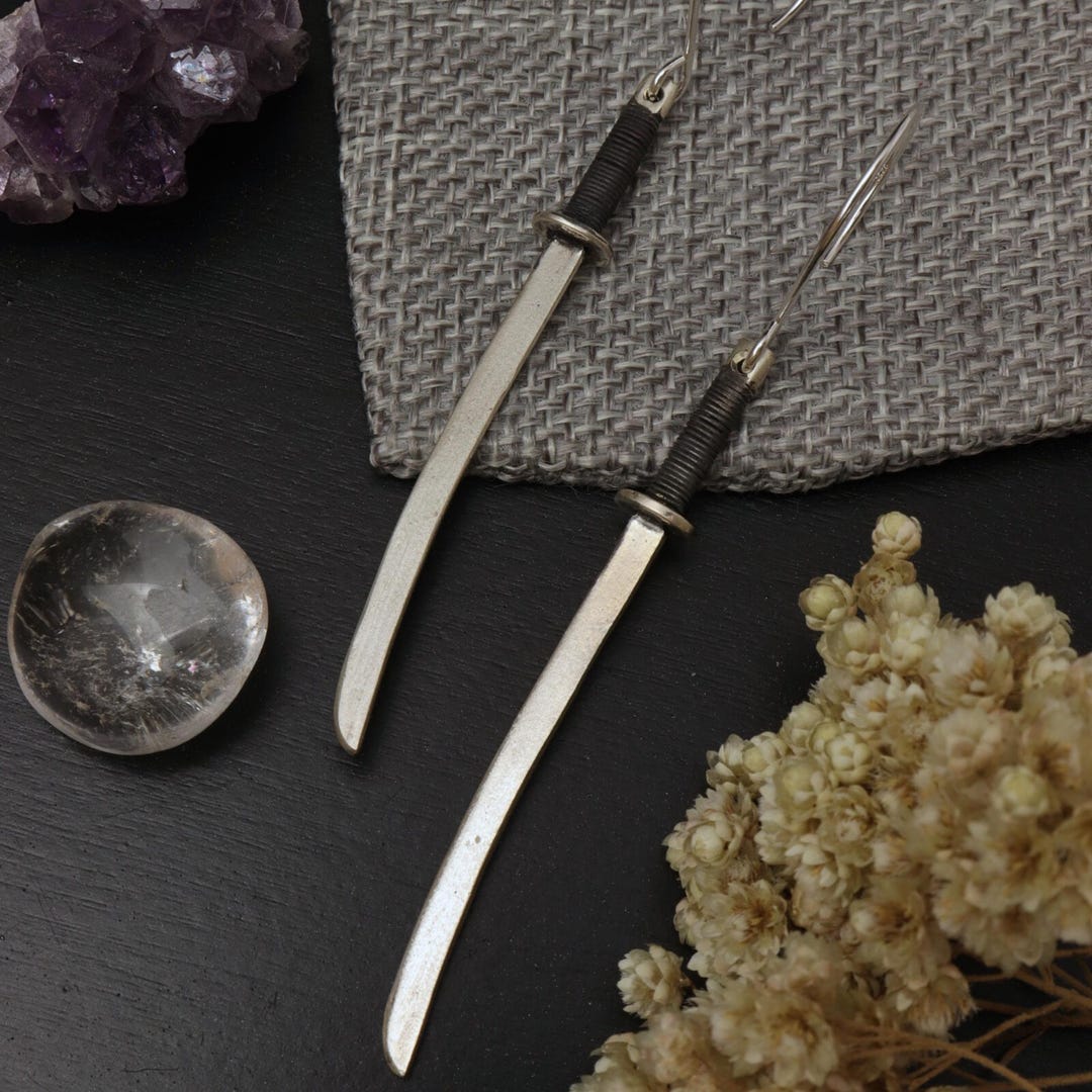 Silver Katana Earrings, Forged Sterling Silver Samurai Sword Fantasy ...
