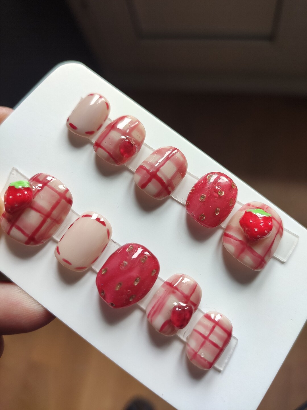 Pink and White Strawberry Jelly False Nails / Press On - Etsy