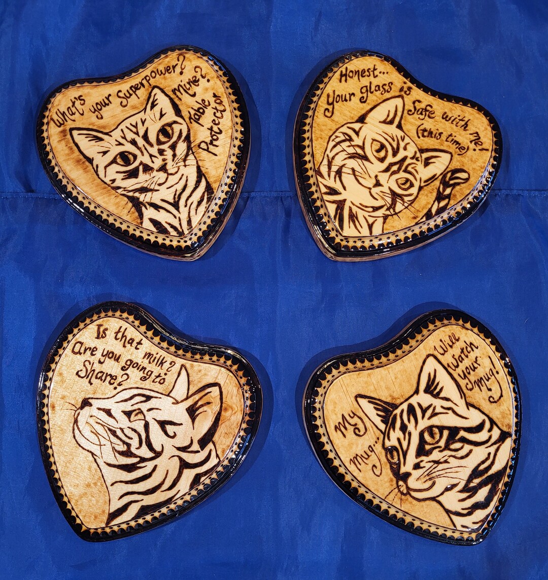 Original Coasters Wood Burned Pyrography Handmade Cute Cat Kitten Funny ...