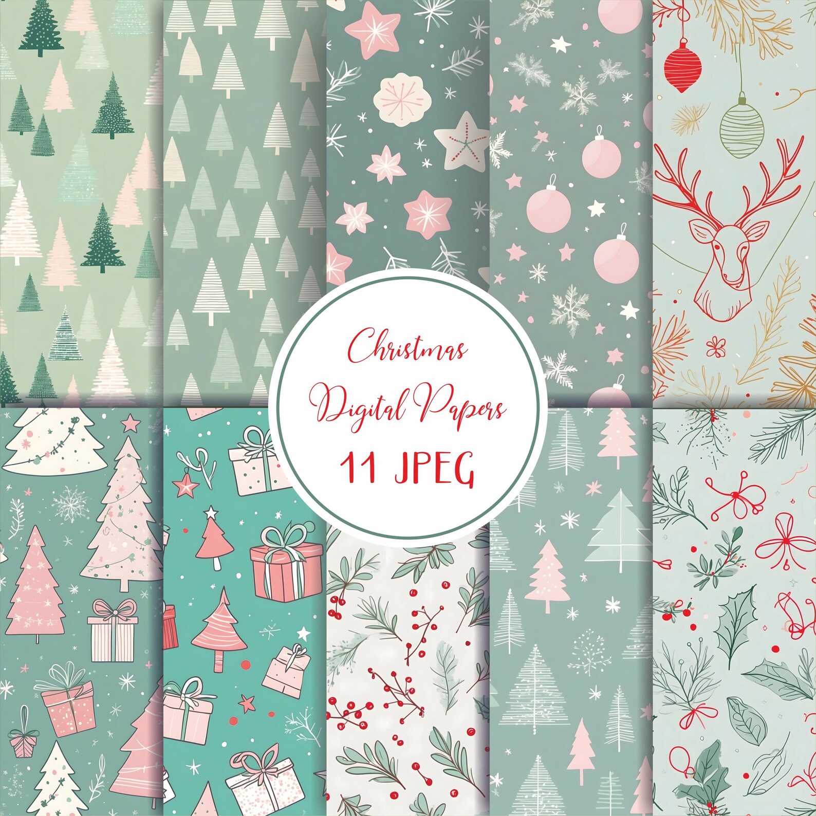 Christmas Digital Paper Set, Snowflake Wallpaper, Christmas Tree ...