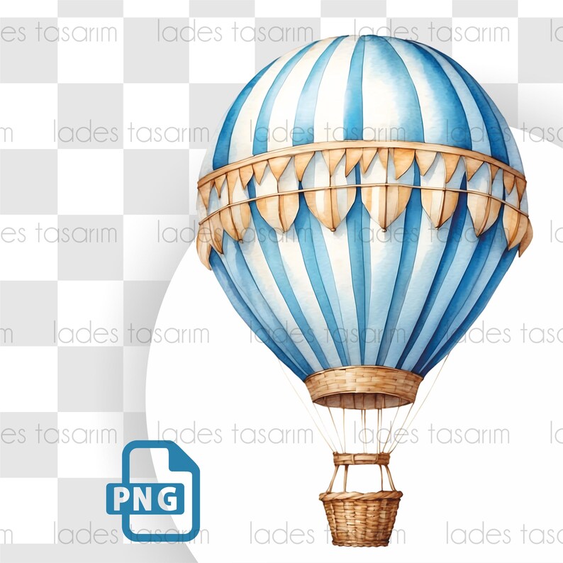 Blue Watercolor Hot Air Balloon Clipart: 15 PNG Illustrations (digital ...