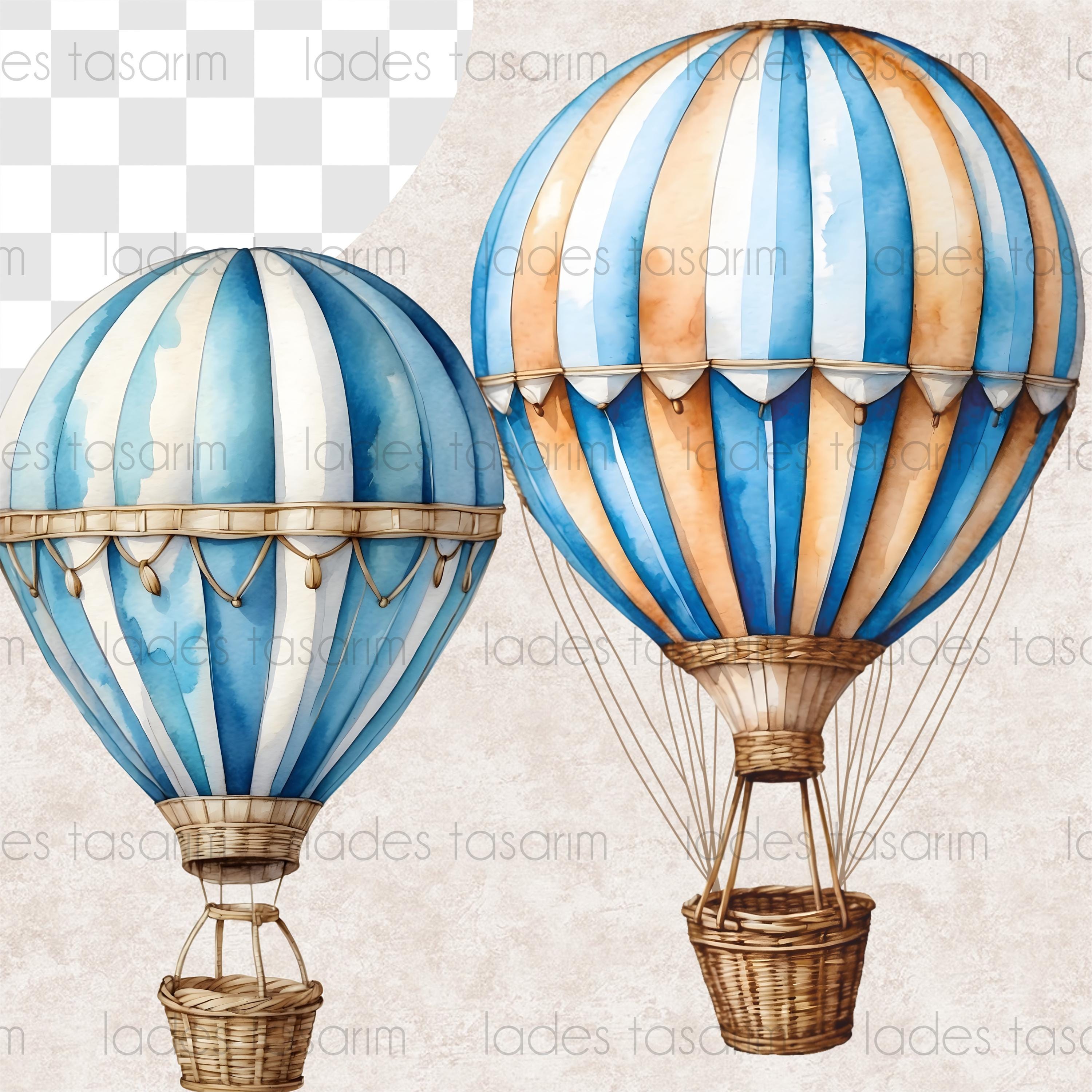 Blue Watercolor Hot Air Balloon Clipart: 15 PNG Illustrations (digital ...