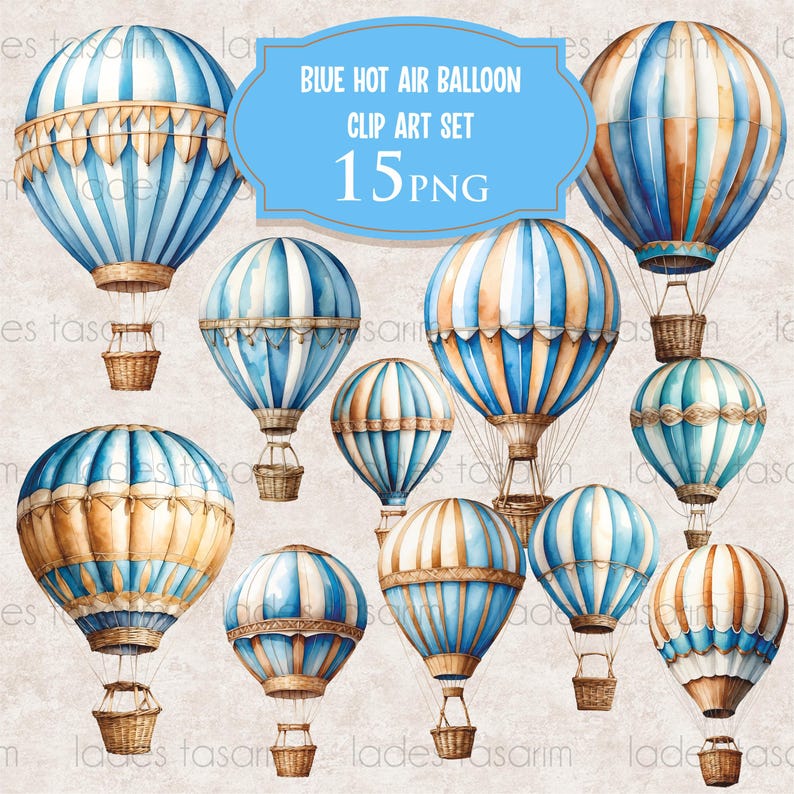Blue Watercolor Hot Air Balloon Clipart: 15 PNG Illustrations (digital ...