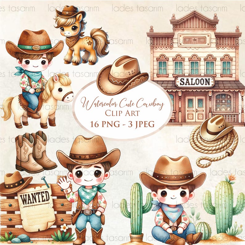 Watercolor Cute Cowboy Clipart , Baby Boy Cowboy Clipart , Cowboy PNG ...