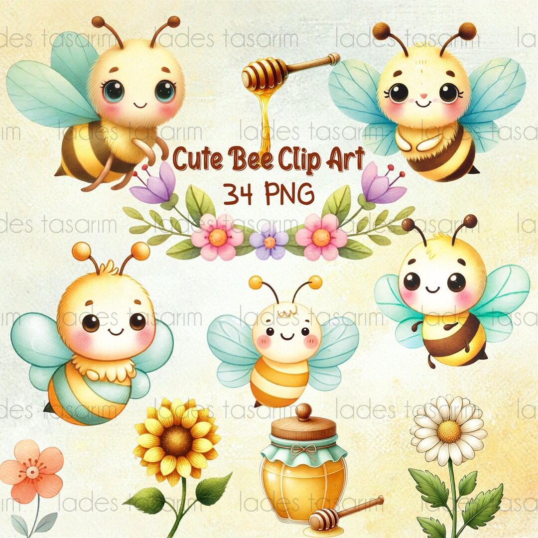 Cute Bee Watercolor Clip Art Bundle, Honey Bee Clipart, Cute Bee, PNG ...