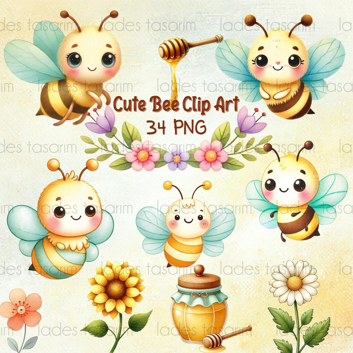 Cute Bee Watercolor Clip Art Bundle, Honey Bee Clipart, Cute Bee, PNG ...