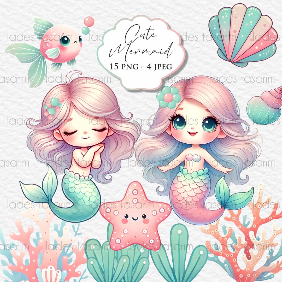 Cute Mermaid Clipart, Watercolor Mermaid Clipart, Little Mermaid ...
