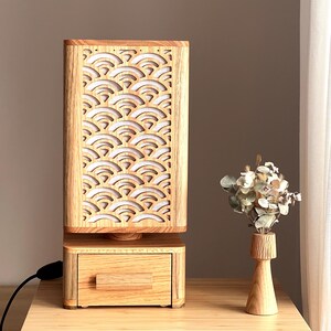 Wooden Kumiko Lamp With Seigaiha Pattern, Japanese Lamps, Bedside Shoji ...